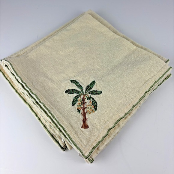 Kitchen | Cotton Napkins Set Of 4 Beige Green Embroidered Palm Tree ...